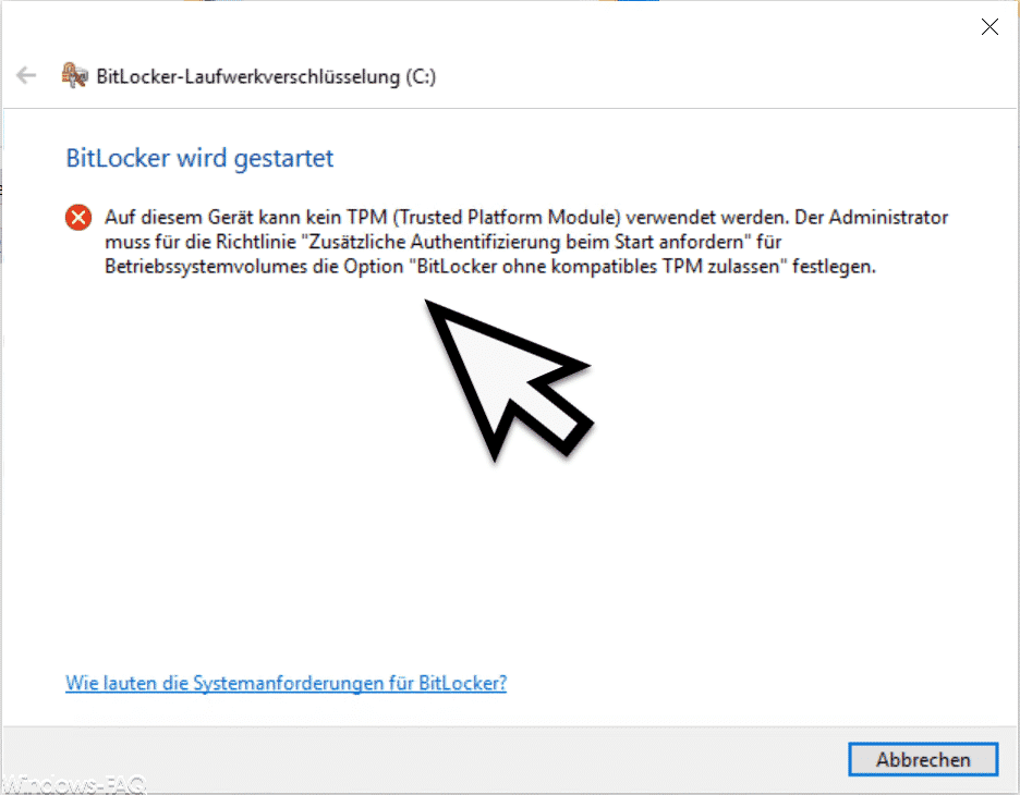 Auf diesem Gerät kann kein TPM verwendet werden... BitLocker unter ...