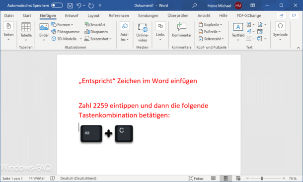 Entspricht Zeichen im Word einfügen - Windows FAQ